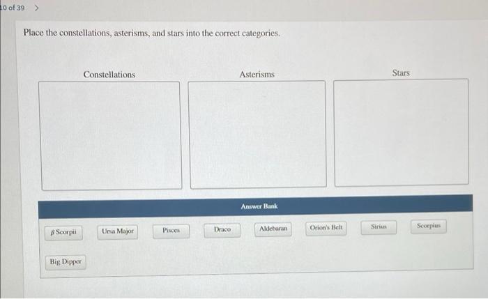 Solved 20 of 39 Place the constellations, asterisms, and | Chegg.com