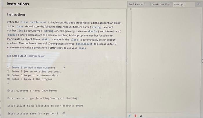 Instructions Define the class bankAccount to | Chegg.com