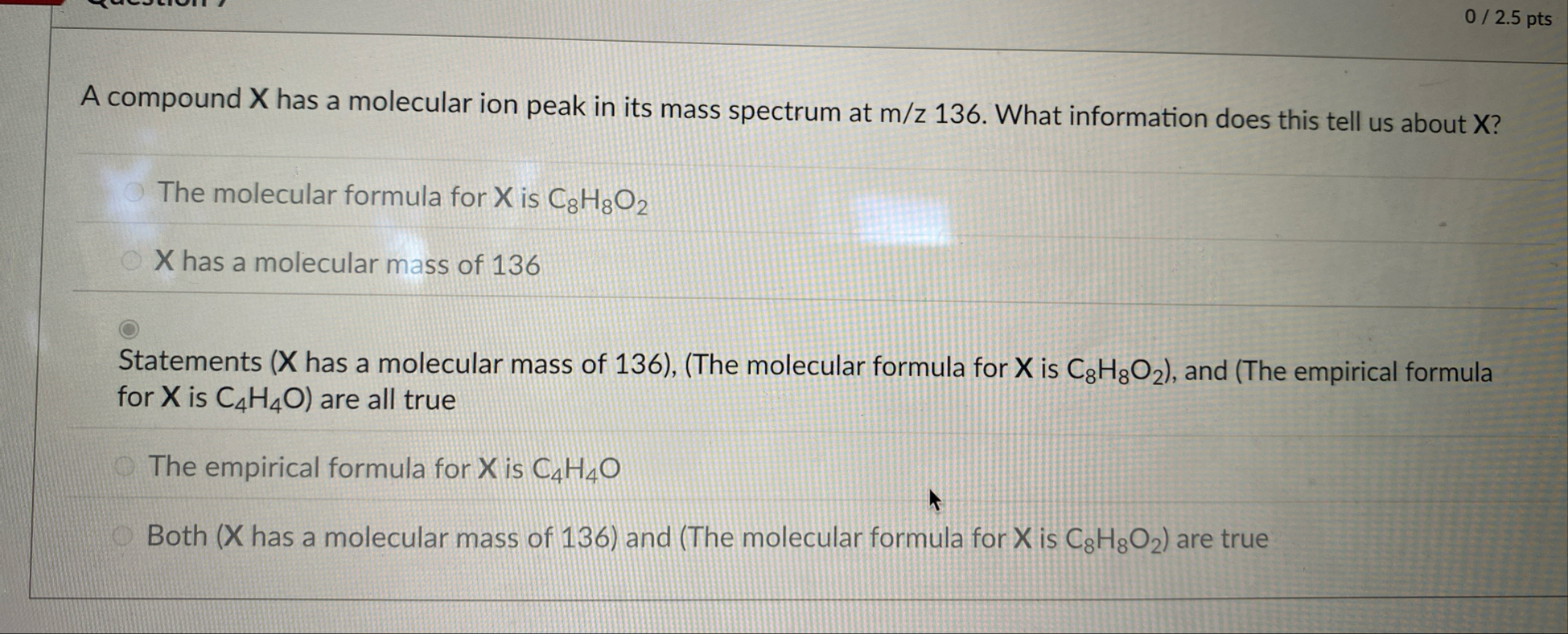 Solved 02.5 ﻿ptsA compound x ﻿has a molecular ion peak in | Chegg.com