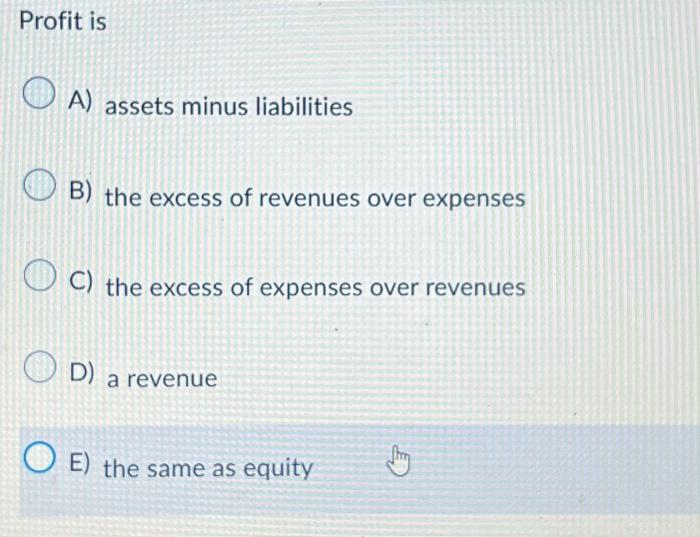 Solved Profit is A) assets minus liabilities B) the excess | Chegg.com