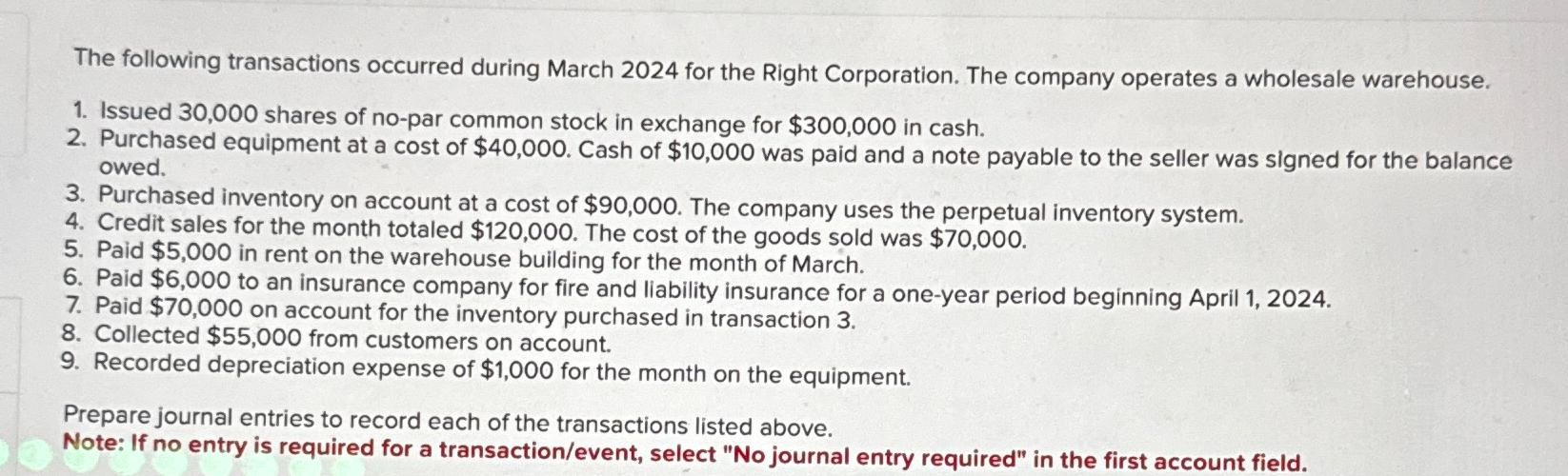 Solved The following transactions occurred during March 2024 | Chegg.com