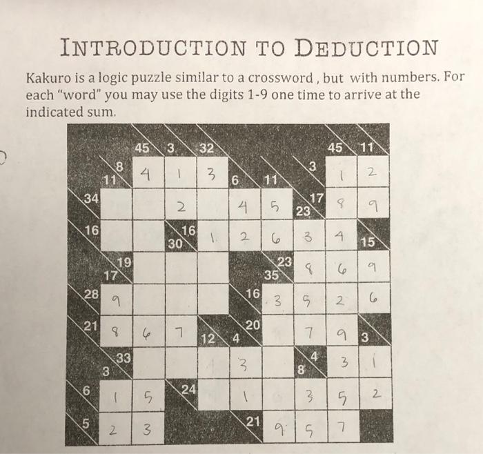 Solved INTRODUCTION TO DEDUCTION Kakuro is a logic puzzle | Chegg.com