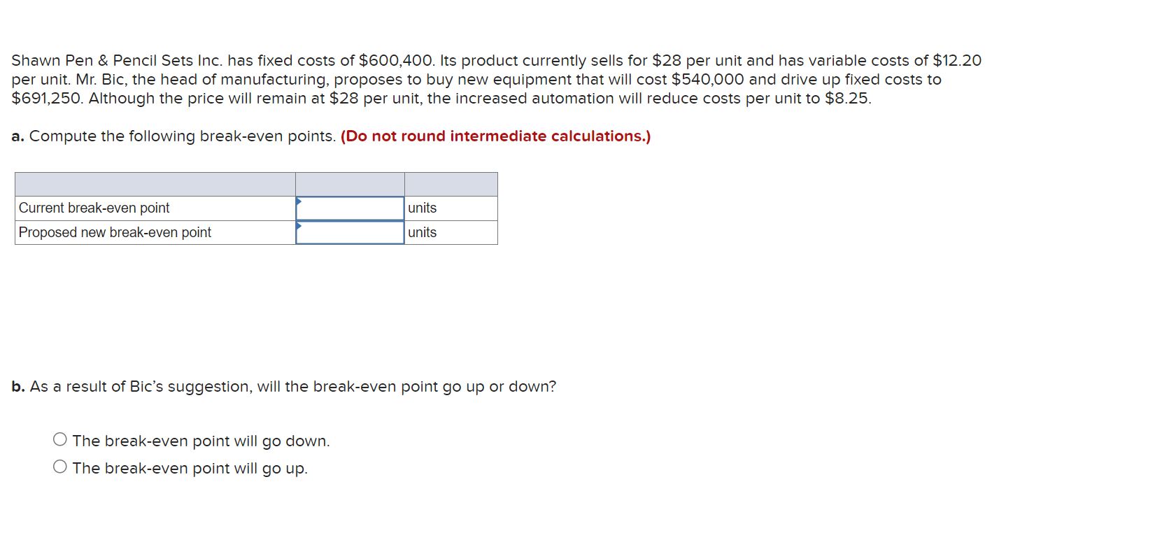 Solved Shawn Pen & Pencil Sets Inc. has fixed costs of | Chegg.com