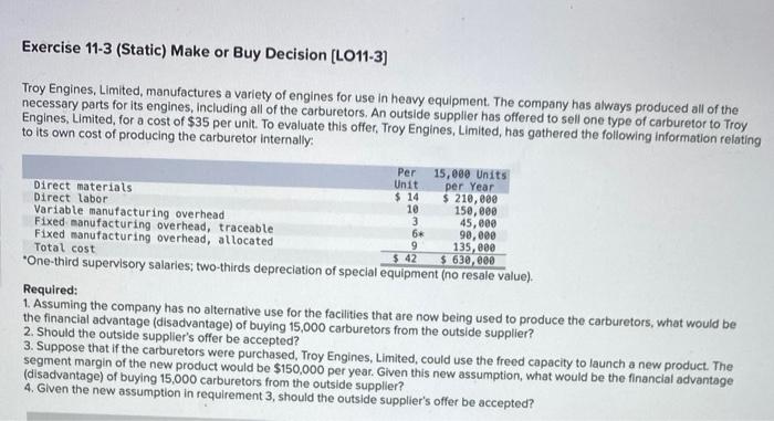 Solved Exercise 11-3 (Static) Make or Buy Decision [LO11-3] | Chegg.com