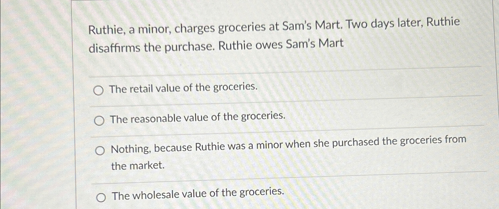 Solved Ruthie, a minor, charges groceries at Sam's Mart. Two | Chegg.com