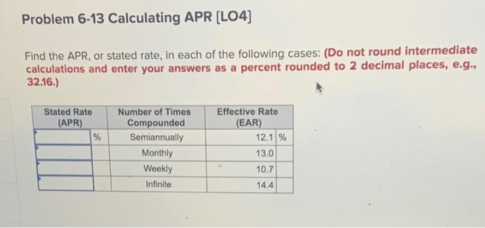 Solved Problem 6-13 Calculating APR (LO4] Find the APR, or | Chegg.com