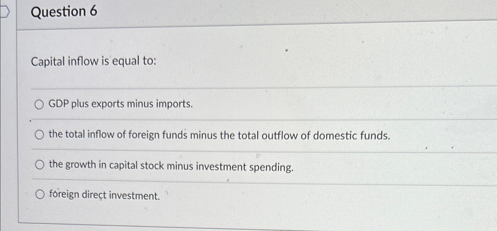 Solved Question 6Capital inflow is equal to:GDP plus exports | Chegg.com