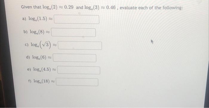 Solved Given that log (2) ≈ 0.29 and log (3)≈ 0.46, evaluate | Chegg.com