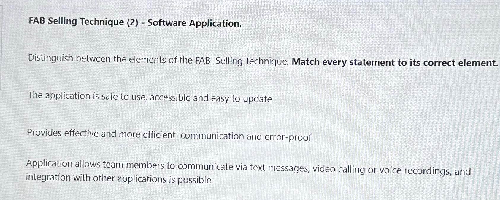 Solved FAB Selling Technique (2) - ﻿Software | Chegg.com