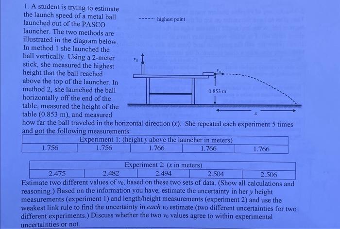 Solved 1. A student is trying to estimate the launch speed | Chegg.com