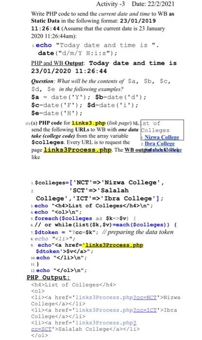 Activity -3 Date: 22/2/2021 Write PHP code to send | Chegg.com