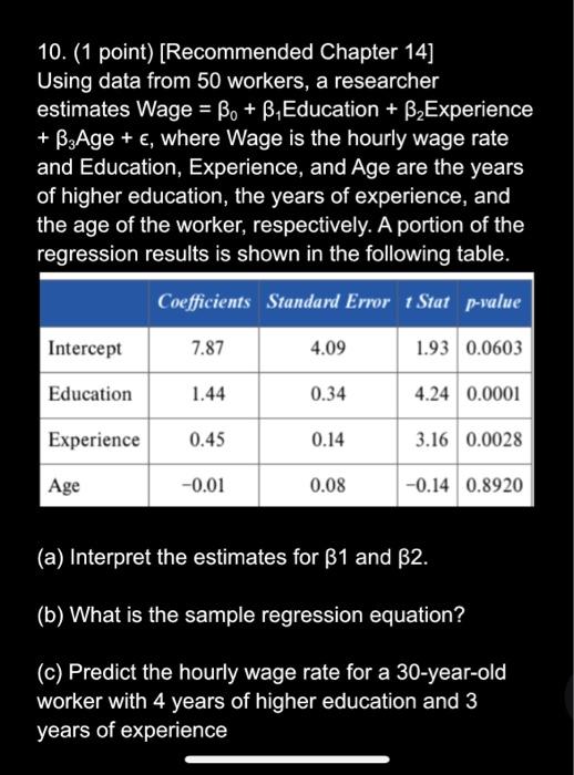 Solved 10. (1 point) [Recommended Chapter 14] Using data | Chegg.com