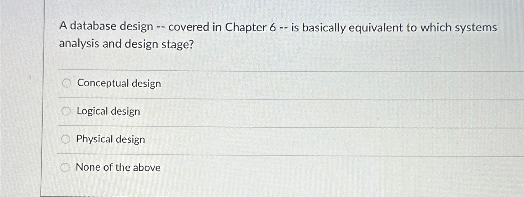 Solved A database design -- ﻿covered in Chapter 6 -- ﻿is | Chegg.com