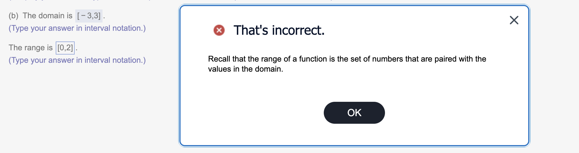 Solved (b) ﻿The domain is \( [-3,3] \).(Type your answer in | Chegg.com