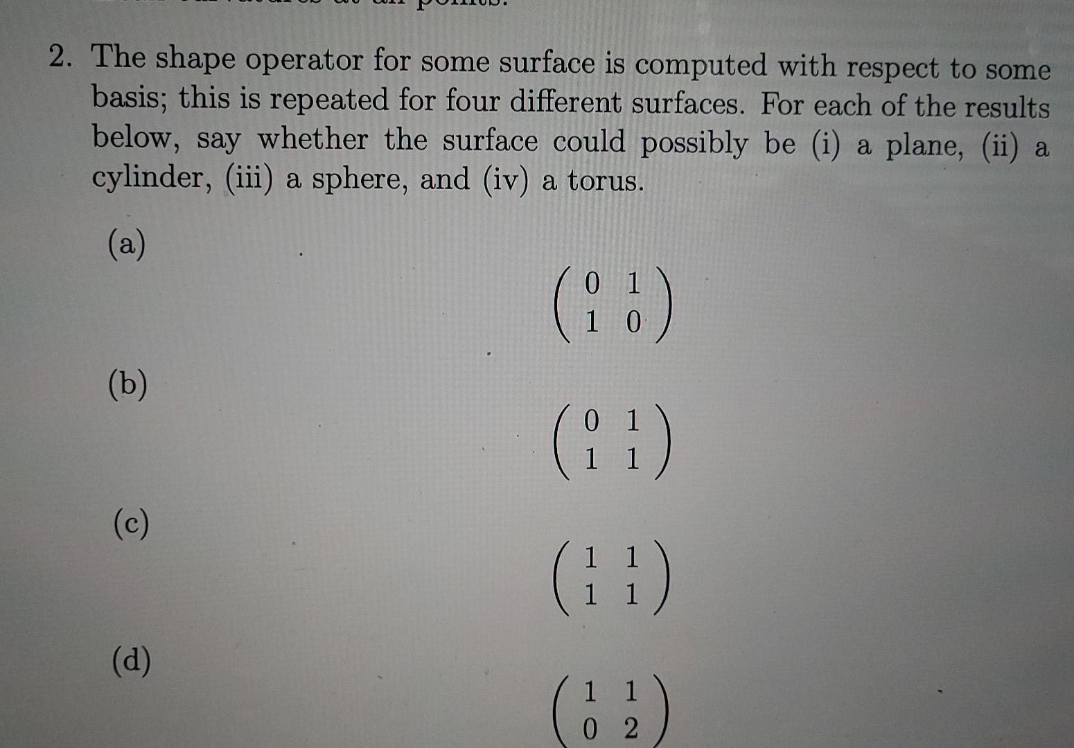 Solved 2. The shape operator for some surface is computed | Chegg.com