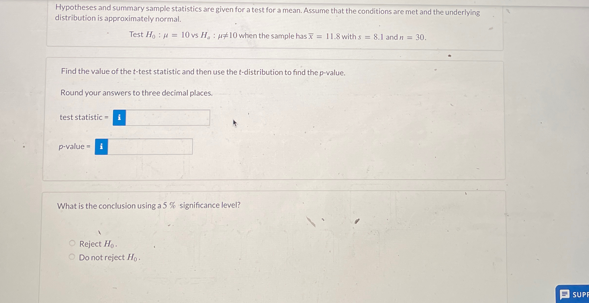 Solved Hypotheses and summary sample statistics are given | Chegg.com