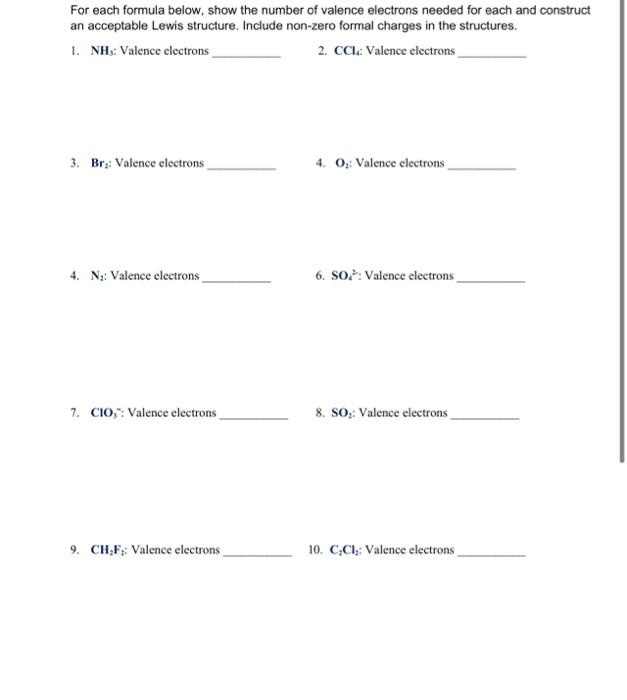 Solved For each formula below, show the number of valence | Chegg.com
