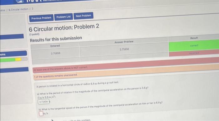 Solved 6 Circular motion: Problem 2 (1 polnt) Re A1 fonct | Chegg.com