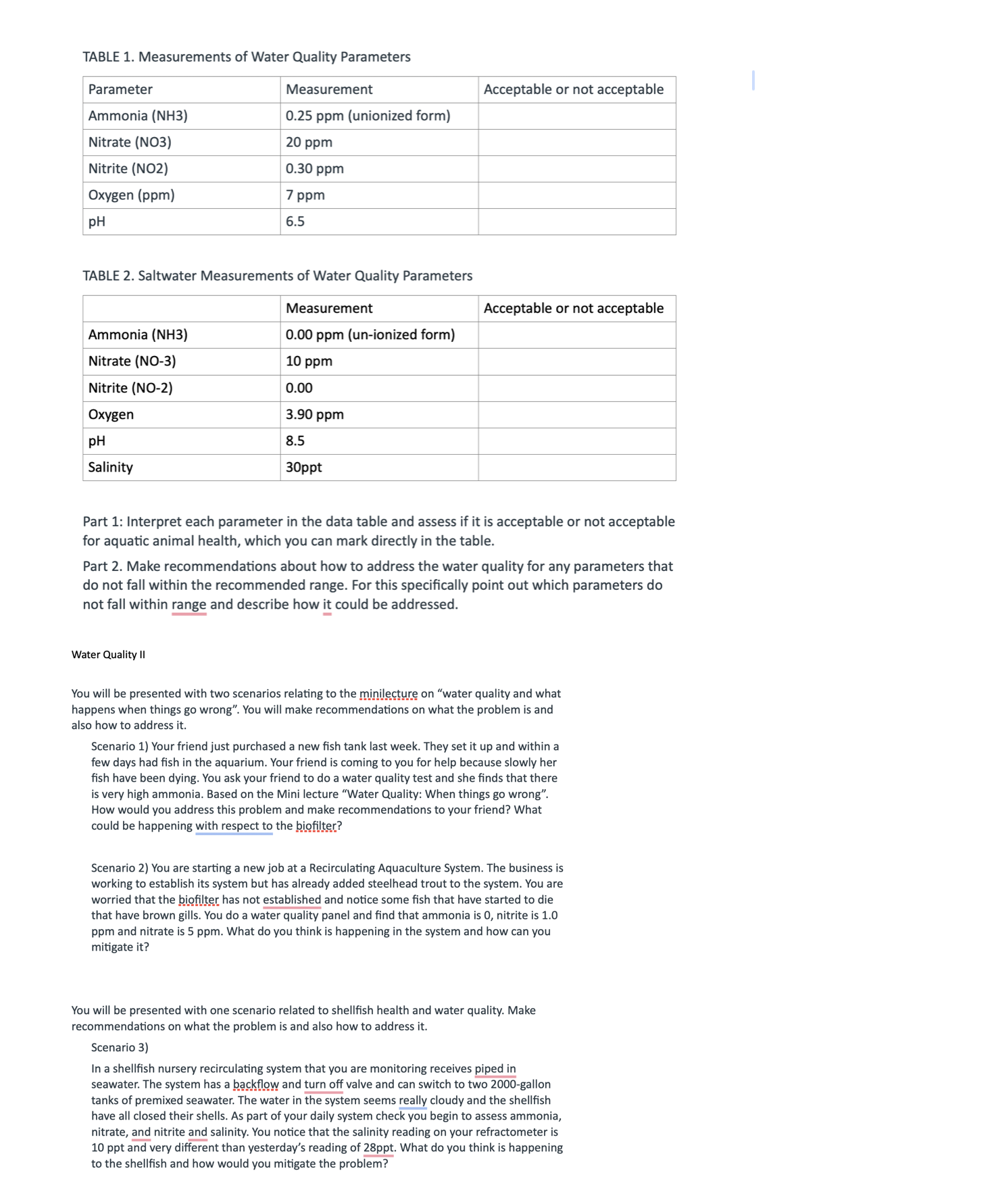 TABLE 1. ﻿Measurements of Water Quality | Chegg.com