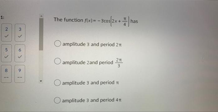 Solved function f(x)=−3cos(2x+4π) amplitude 3 and period 2π | Chegg.com