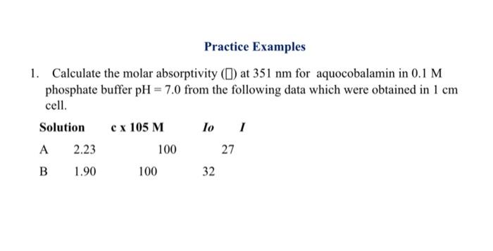 Solved Practice Examples 1. Calculate the molar absorptivity | Chegg.com