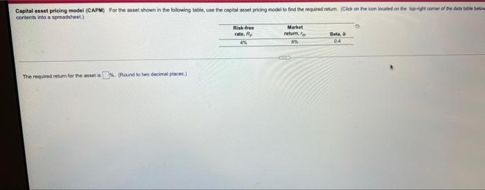Solved Capital asset pricing model (CAPM) for the asset | Chegg.com