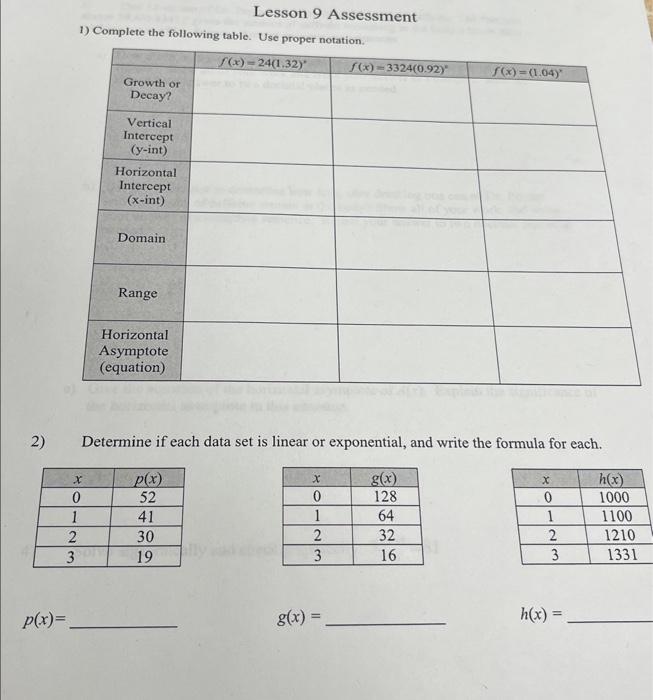 Solved 1) Complete the following table. Use proper notation. | Chegg.com
