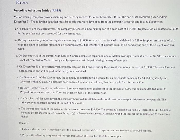 Solved Recording Adjusting Entries (AP4-3) Mellor Towing | Chegg.com