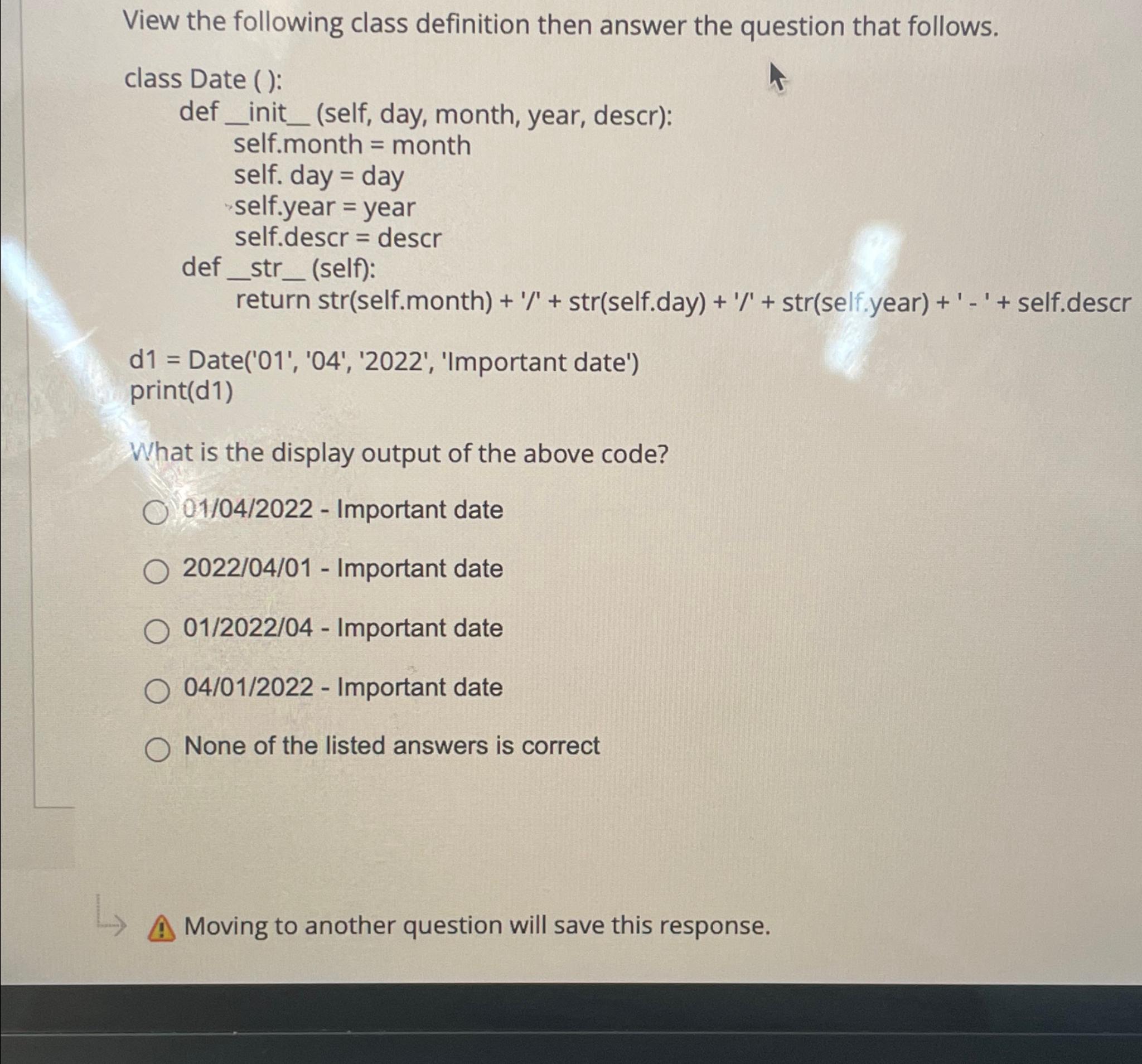 Solved View the following class definition then answer the | Chegg.com