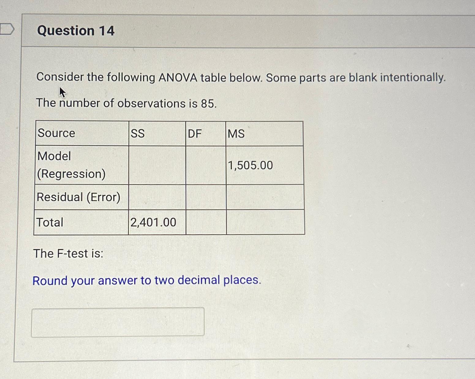 Solved Question 14Consider the following ANOVA table below. | Chegg.com
