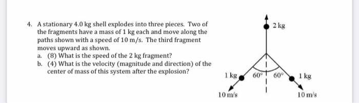 Solved 2 kg 4. A stationary 4.0 kg shell explodes into three | Chegg.com