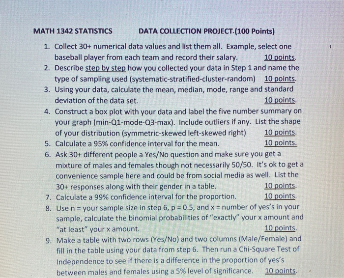 Solved MATH 1342 STATISTICS DATA COLLECTION PROJECT (100 | Chegg.com