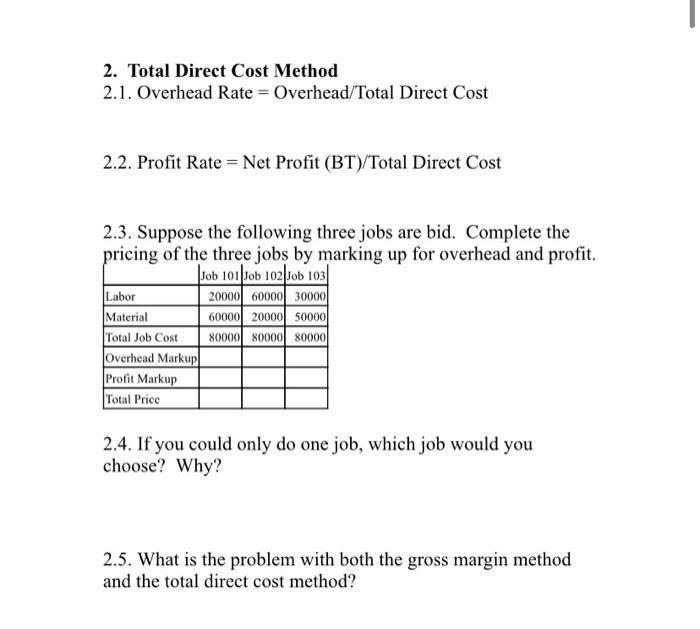 Solved 2. Total Direct Cost Method 2.1. Overhead Rate = | Chegg.com