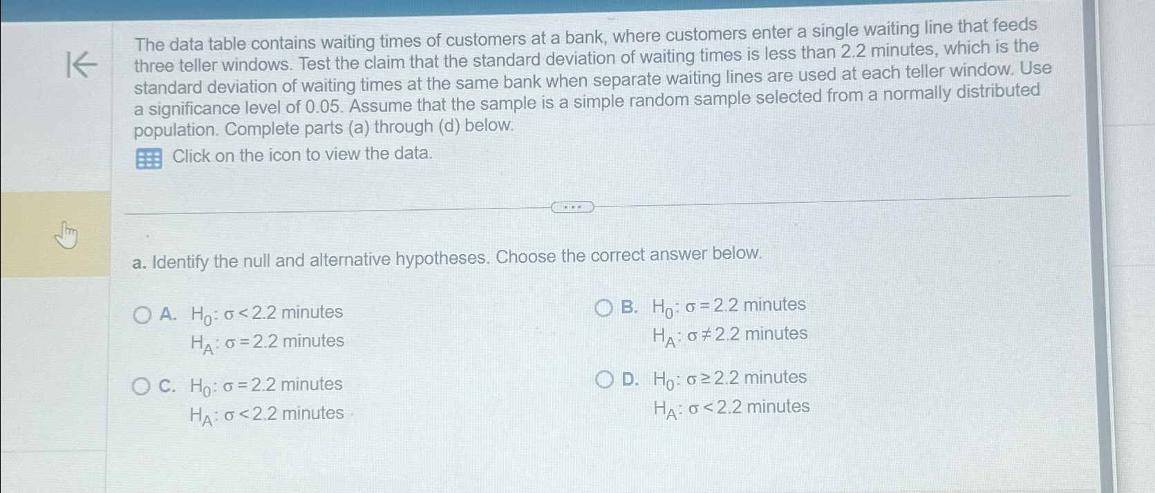 The data table contains waiting times of customers at | Chegg.com