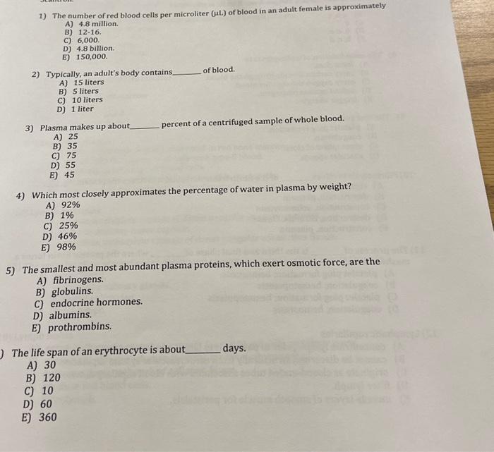 Solved 1) The number of red blood cells per microliter (μL) | Chegg.com