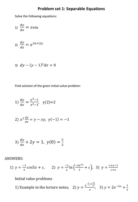 Solved Problem set 1: Separable Equations Solve the | Chegg.com