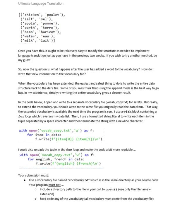 Solved Extendable Language Translation Using a Vocabulary | Chegg.com