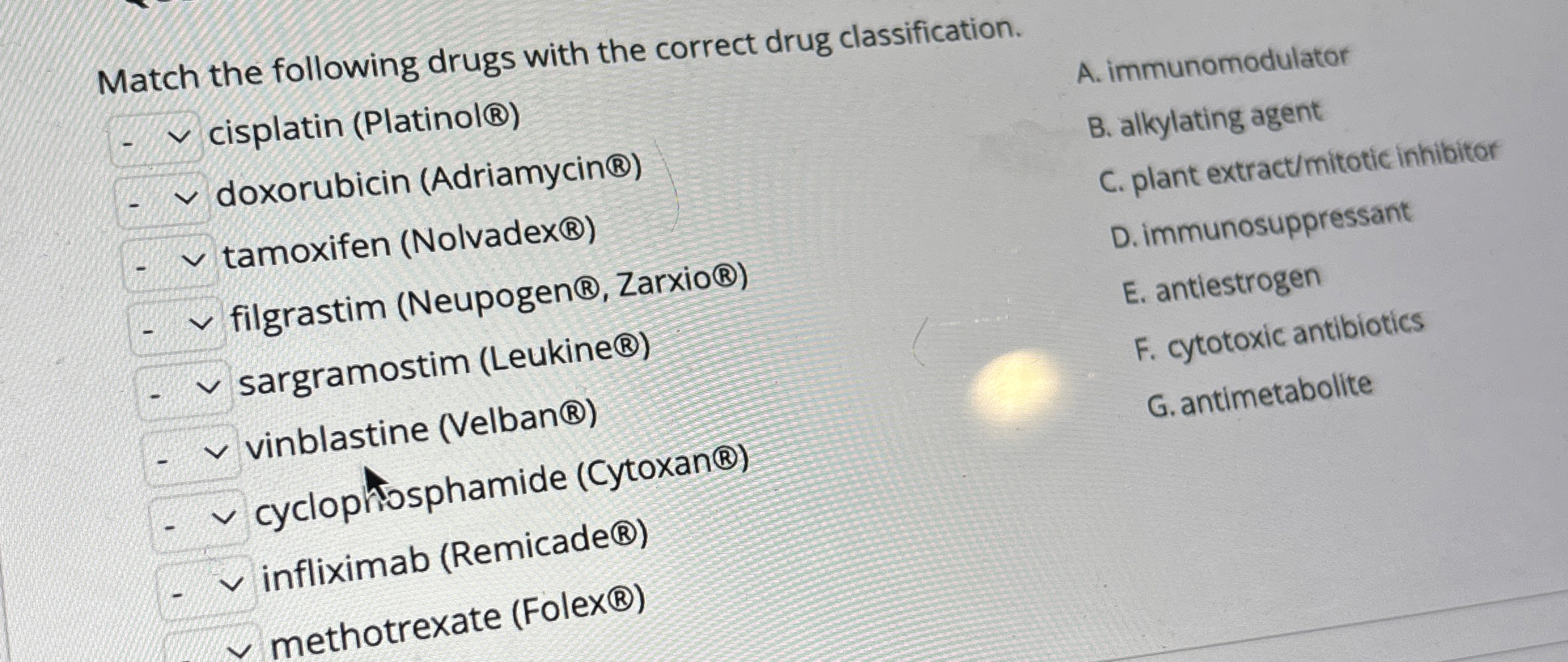Solved Match the following drugs with the correct drug | Chegg.com