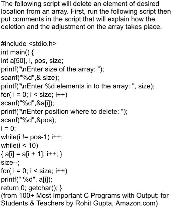 Solved The following script will delete an element of | Chegg.com