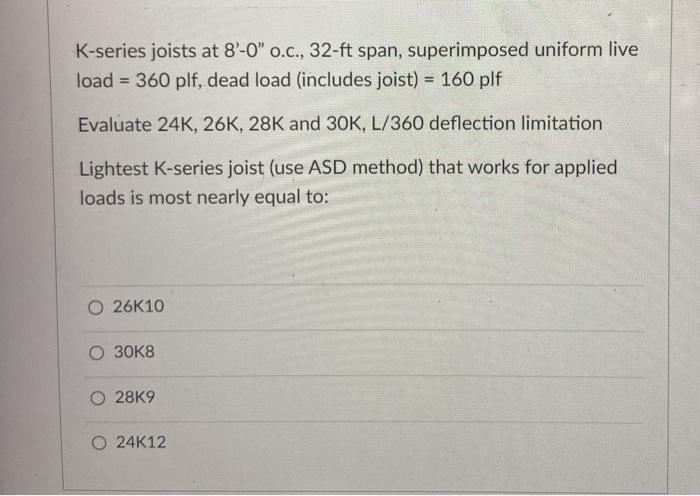 Solved K-series joists at 8'-0" O.C., 32-ft span, | Chegg.com