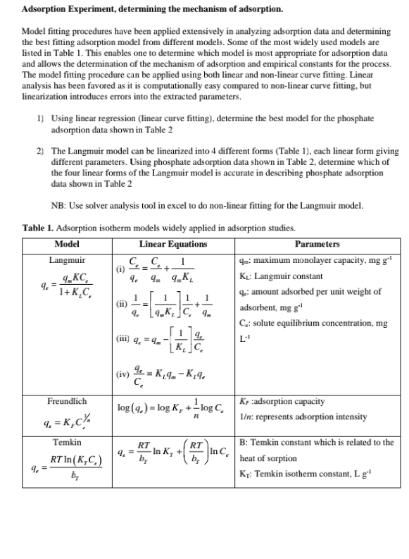 Adsorption Experiment, determining the mechanism of | Chegg.com