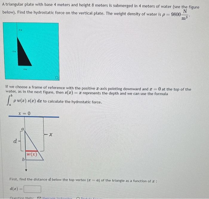 Solved A triangular plate with base 4 meters and height 8 | Chegg.com