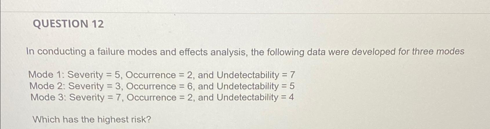 Solved QUESTION 12In conducting a failure modes and effects | Chegg.com