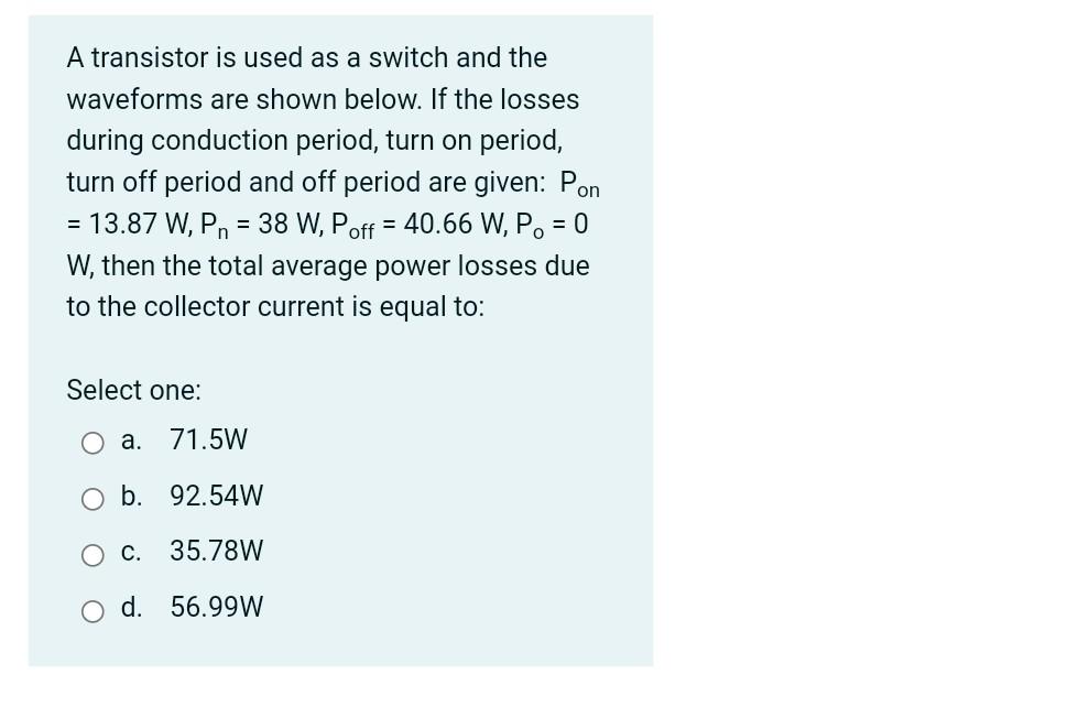 Solved A transistor is used as a switch and the waveforms | Chegg.com