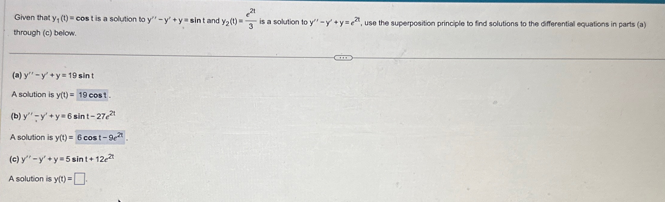 Solved Given that y1(t)=cost ﻿is a solution to y''-y'+y=sint | Chegg.com
