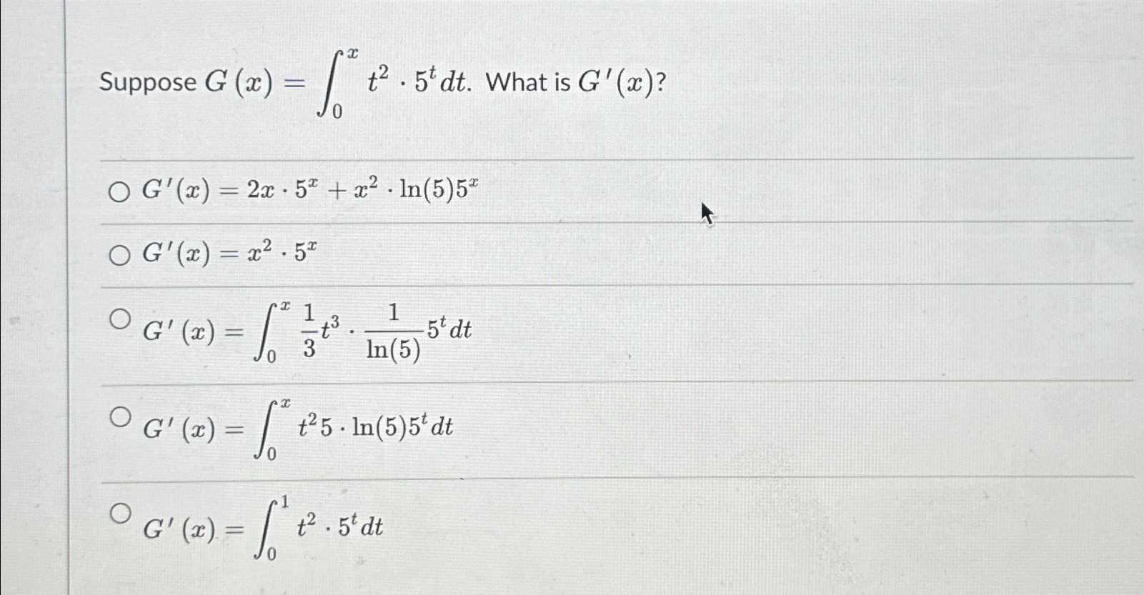 Solved Suppose G(x)=∫0xt2*5tdt. ﻿What is | Chegg.com