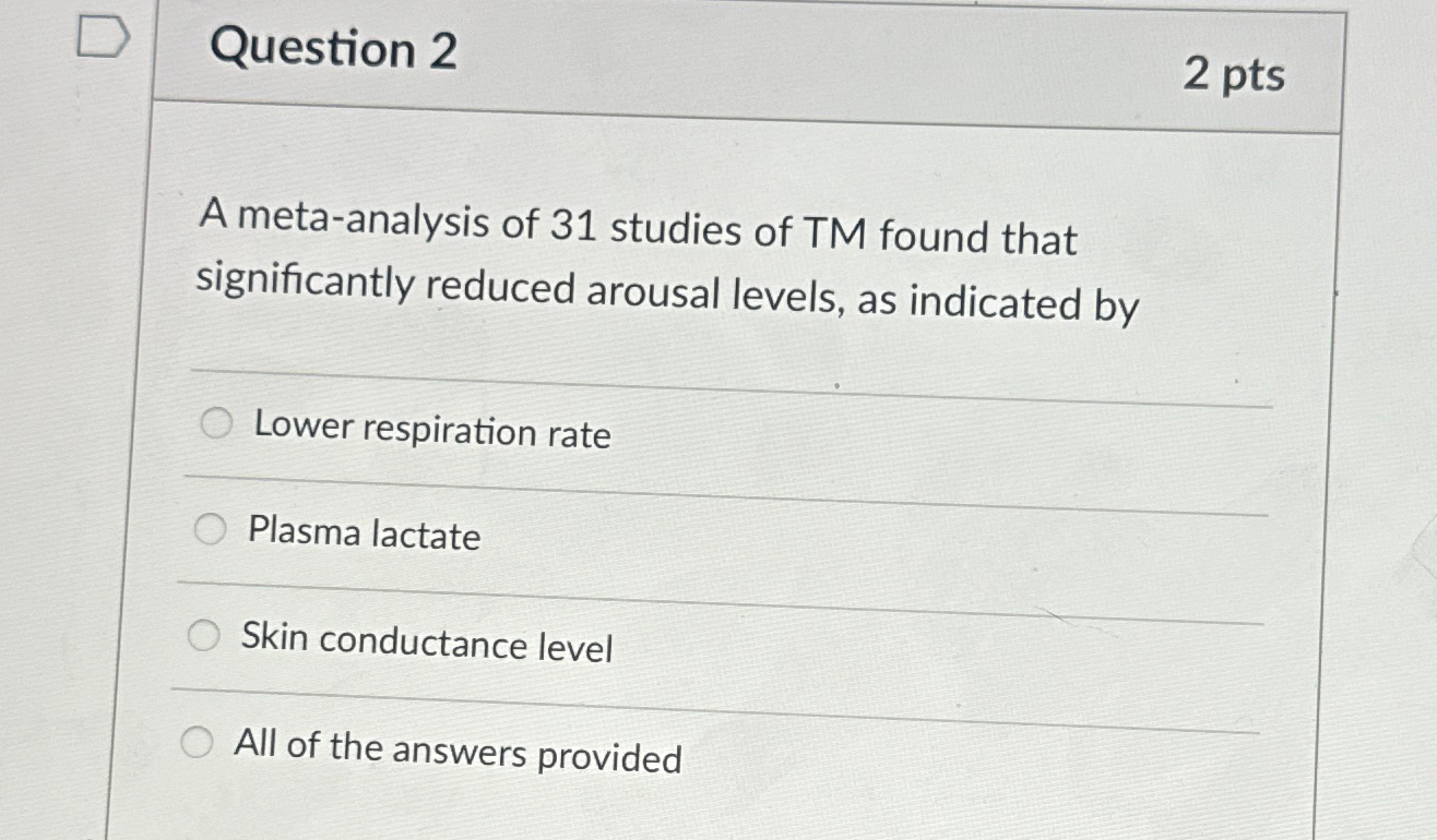 Solved Question 22 ﻿ptsA meta-analysis of 31 ﻿studies of TM | Chegg.com