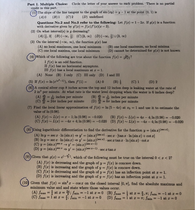 Solved Part I. Multiple Choice: Circle the letter of your | Chegg.com
