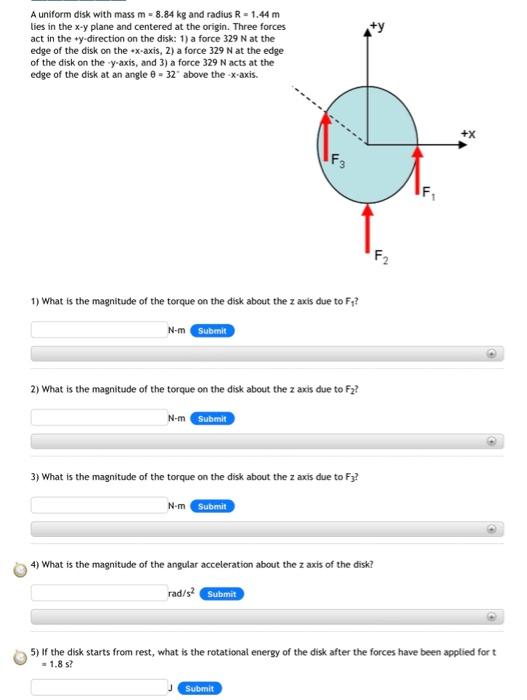 Solved A uniform disk with mass m=8.84 kg and radius R=1.44 | Chegg.com