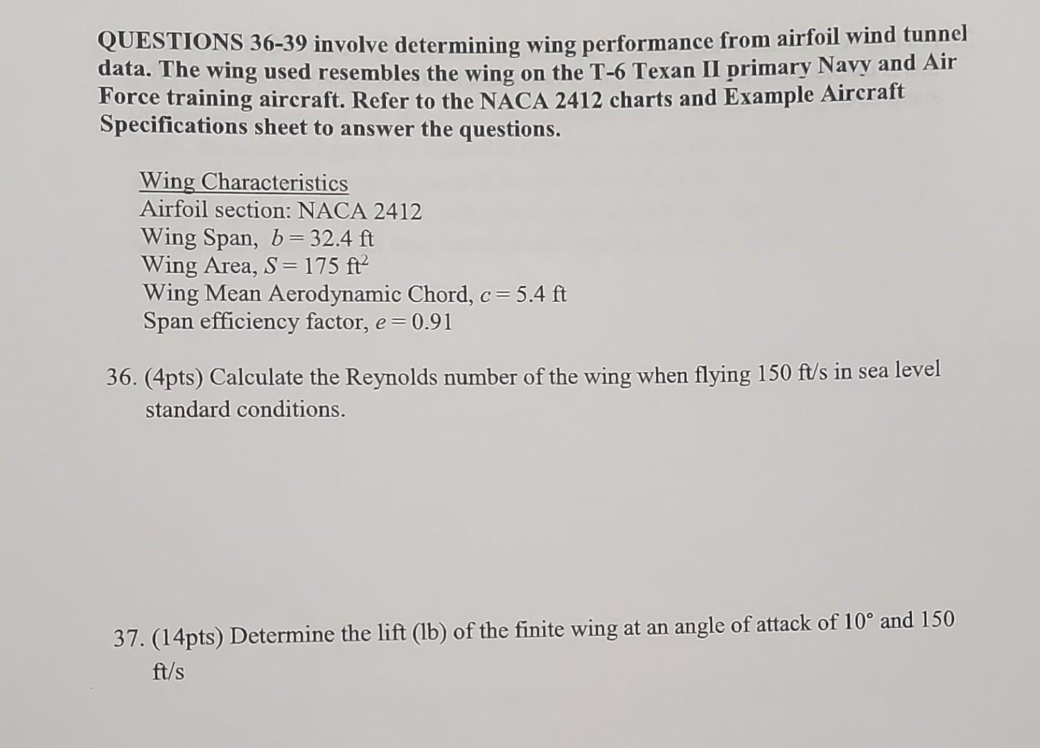 Solved QUESTIONS 36-39 involve determining wing performance | Chegg.com